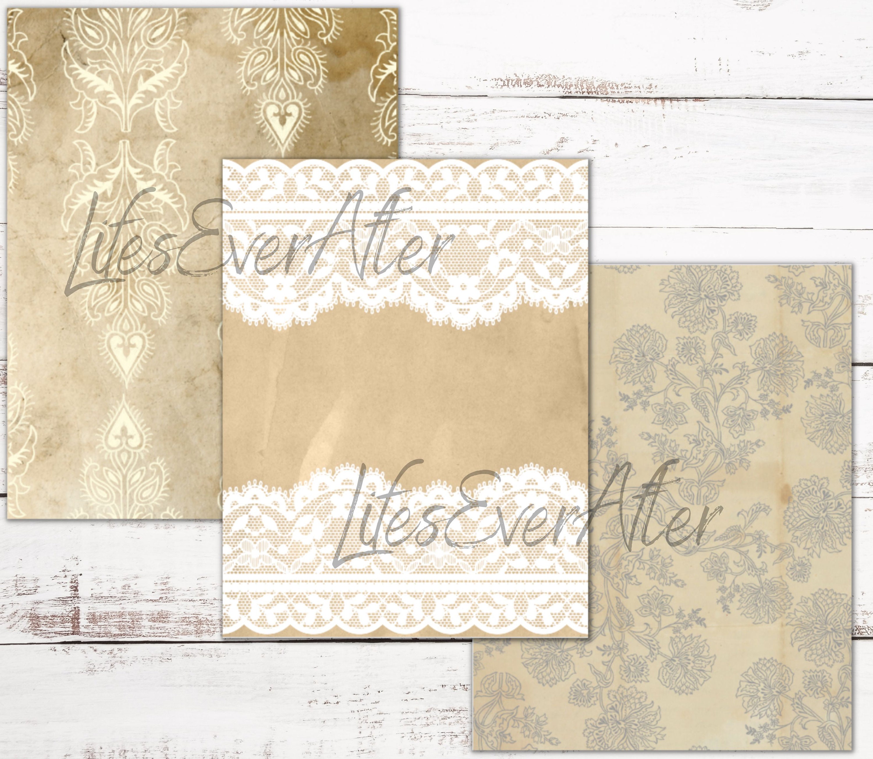 Tea Stain & Lace Digital Paper: 12 Letter Size Journal Pages (instant ...