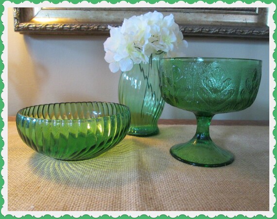 Items Similar To Vintage Green Glass Vases On Etsy