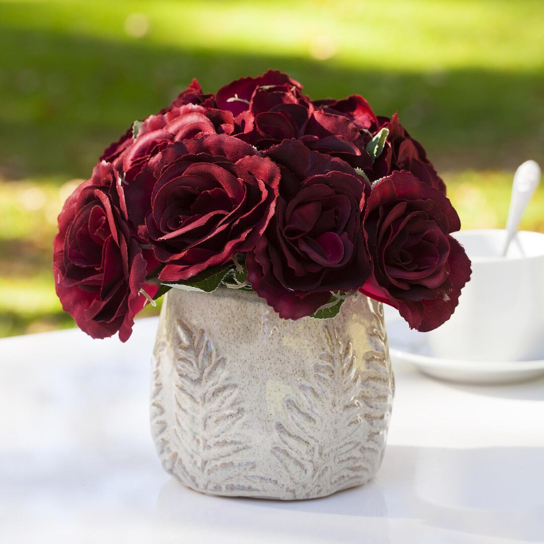 Artificial Silk Rose Flower Arrangement in Ceramic Pot With Faux Water ...
