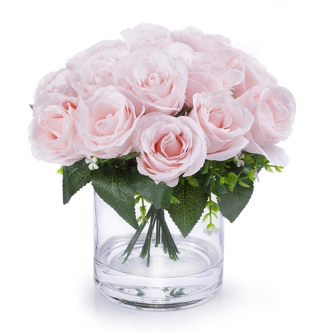 18 Heads Artificial Silk Rose Flower Arrangement in Glass Vase With ...