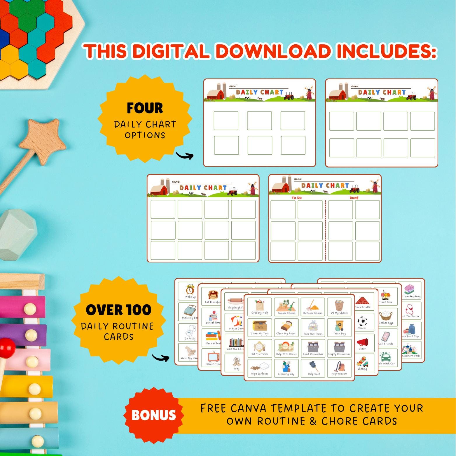 Kids Custom Chore Chart | Kids Farm-theme | Daily Responsibility Chart ...
