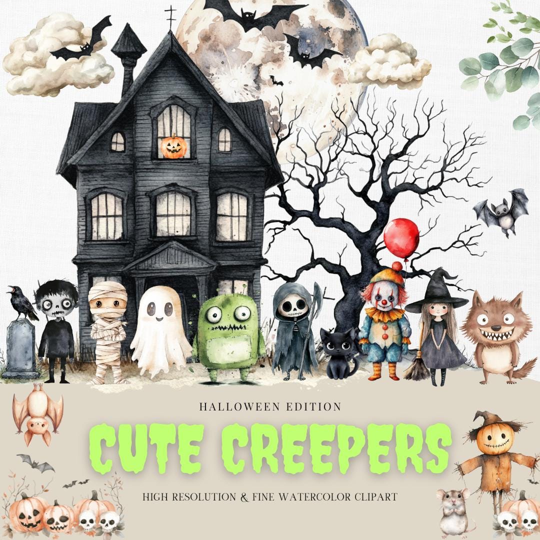 Cute Halloween Clipart Watercolor Clipart Witch Cute Monster Clipart ...