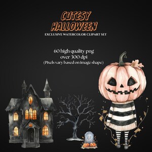 Watercolor Cute Halloween Clipart Set, Variety Spooky Clip Art, Pumpkin ...