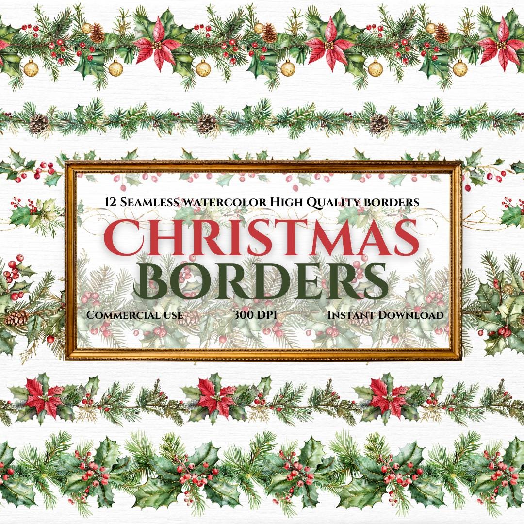 Watercolor Christmas Borders Clipart | Holiday PNG (digital Download ...
