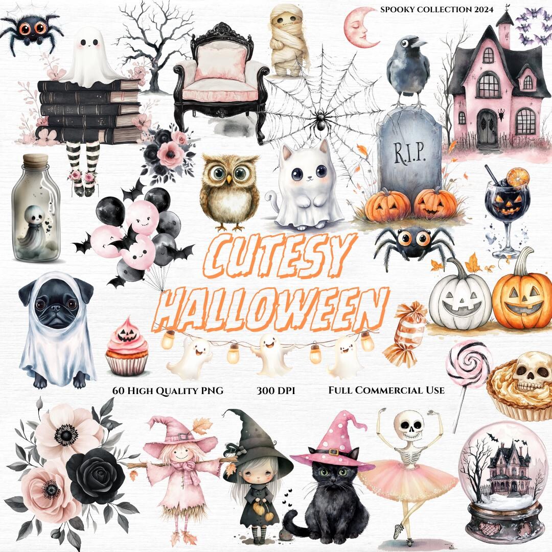 Watercolor Cute Halloween Clipart Set, Variety Spooky Clip Art, Pumpkin ...