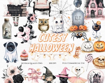 Watercolor Cute Halloween Clipart Bundle, Pastel Spooky Clip Art ...