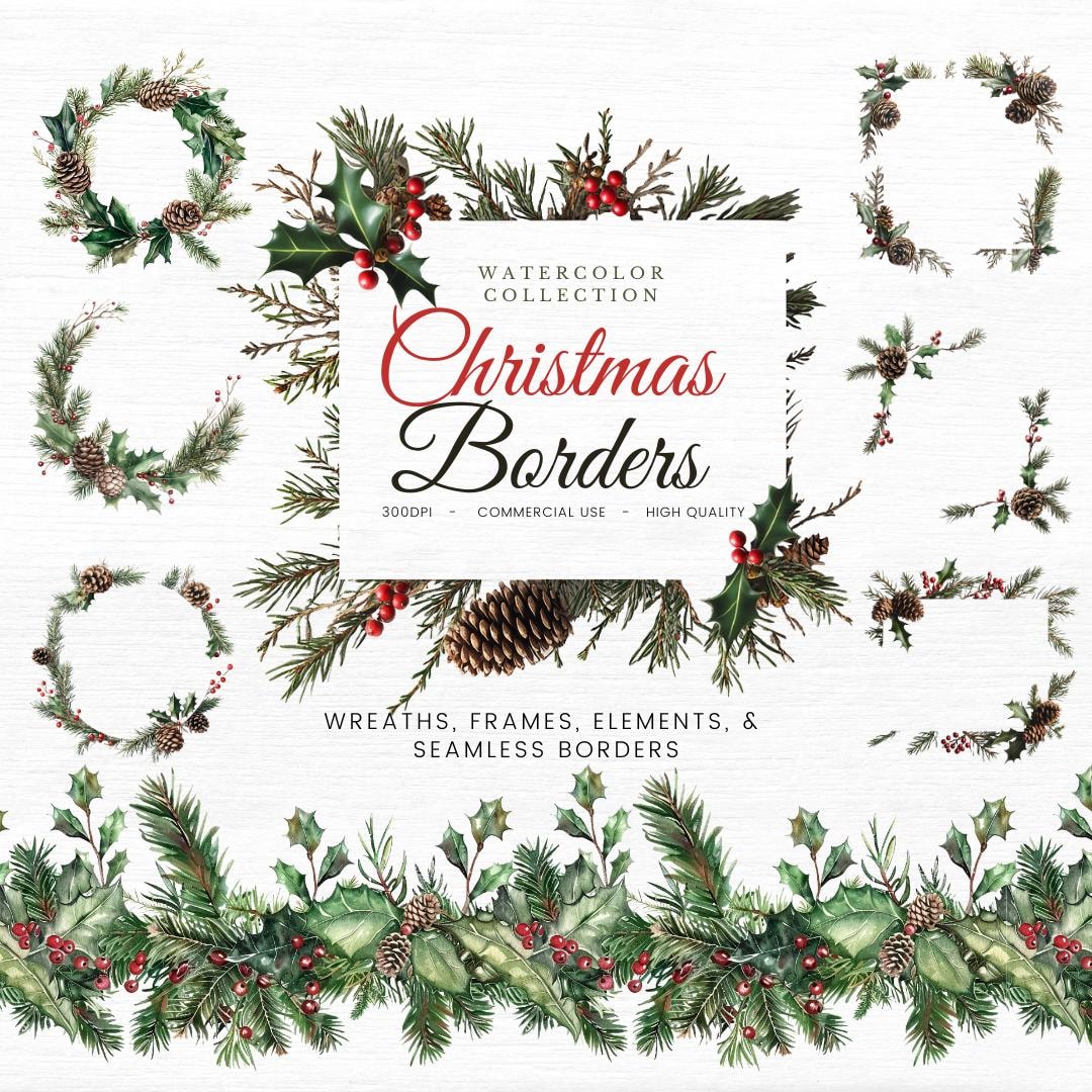 Watercolor Christmas Borders Clipart | Holiday Frames PNG (digital ...