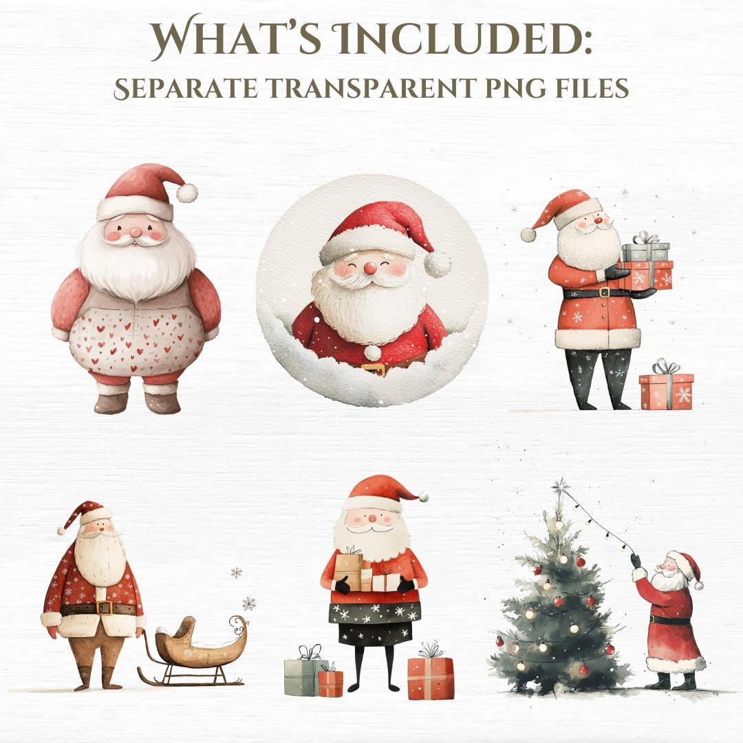 Watercolor Santa Clipart: Whimsical PNG Bundle (instant Download) - Etsy
