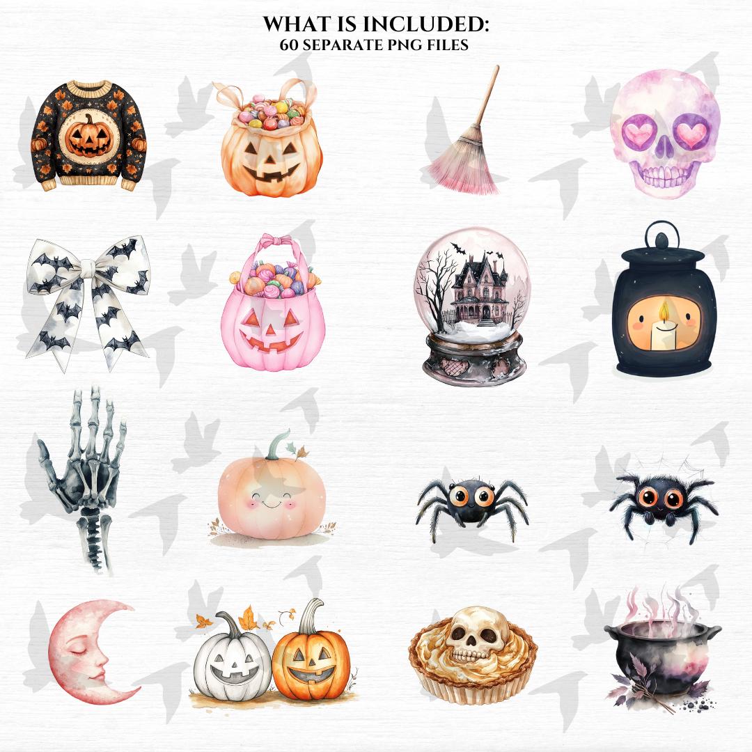 Watercolor Cute Halloween Clipart Set, Variety Spooky Clip Art, Pumpkin ...