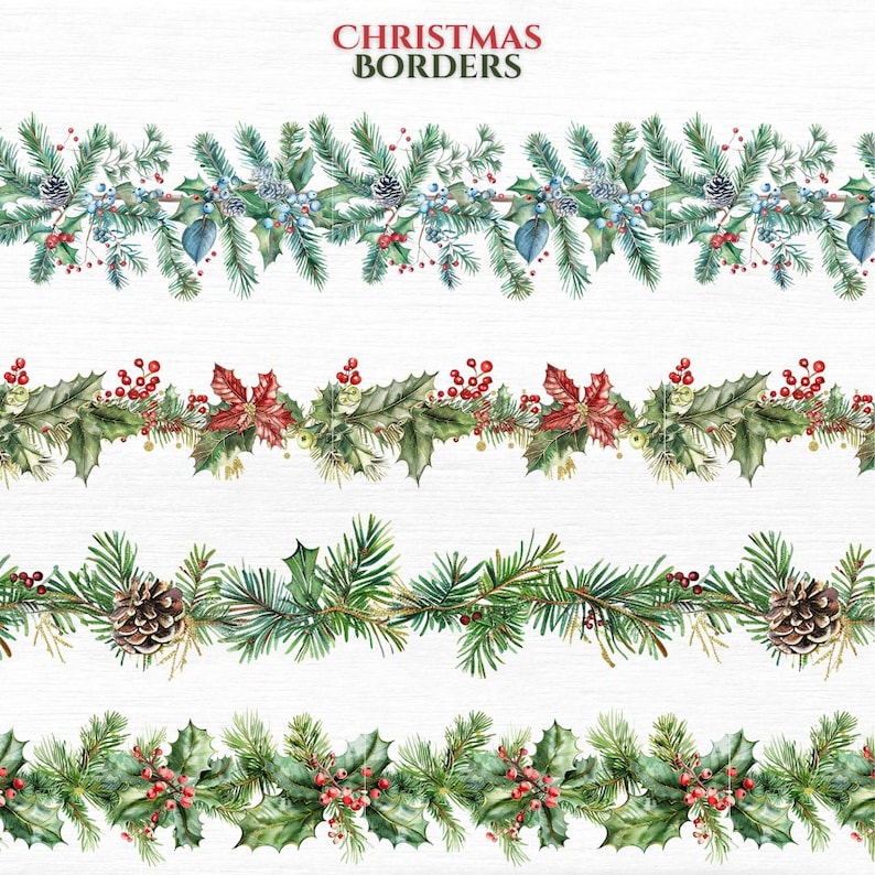 Watercolor Christmas Borders Clipart Bundle Winter PNG, Garland Holiday ...