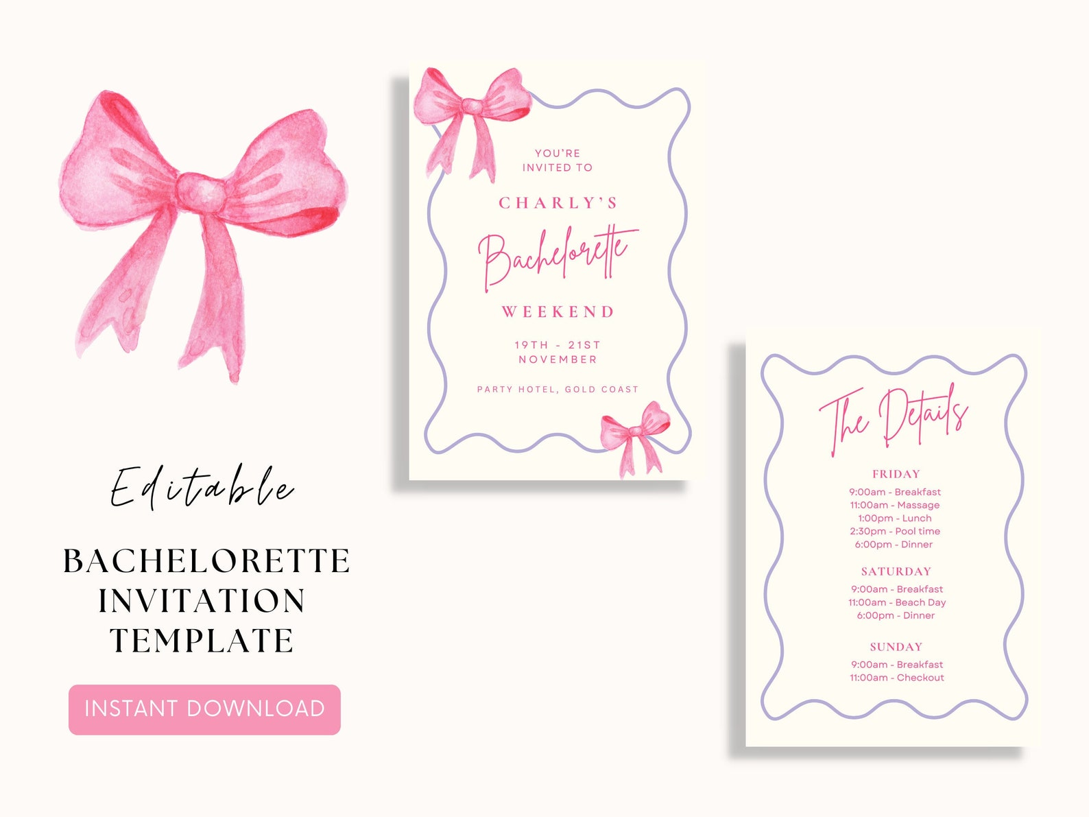 Editable Bachelorette Invitation and Details Card Template. Pink Bow ...