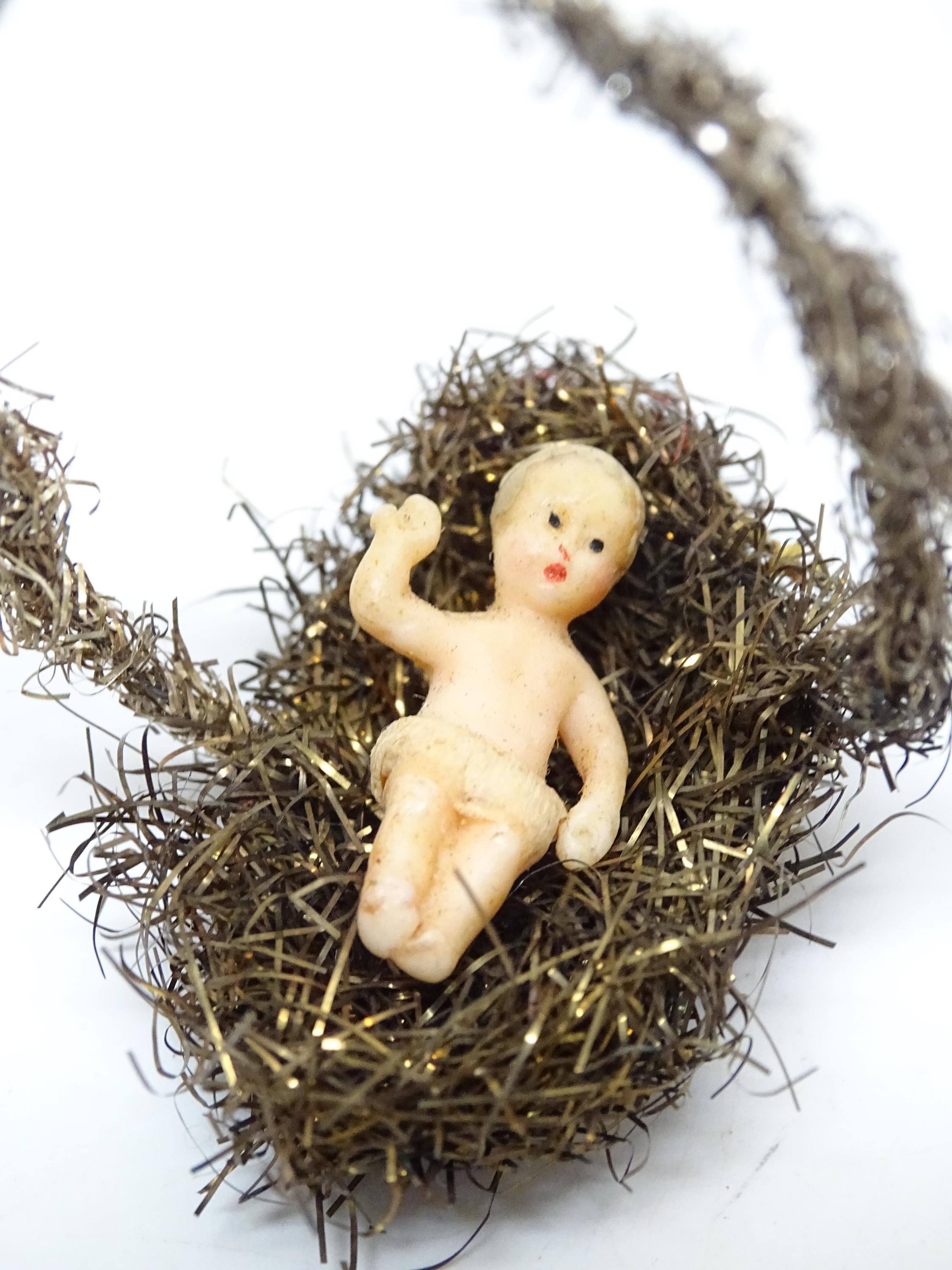 Antique French Wax Baby Jesus in Tinsel Basket, Tinsel Hanger ...