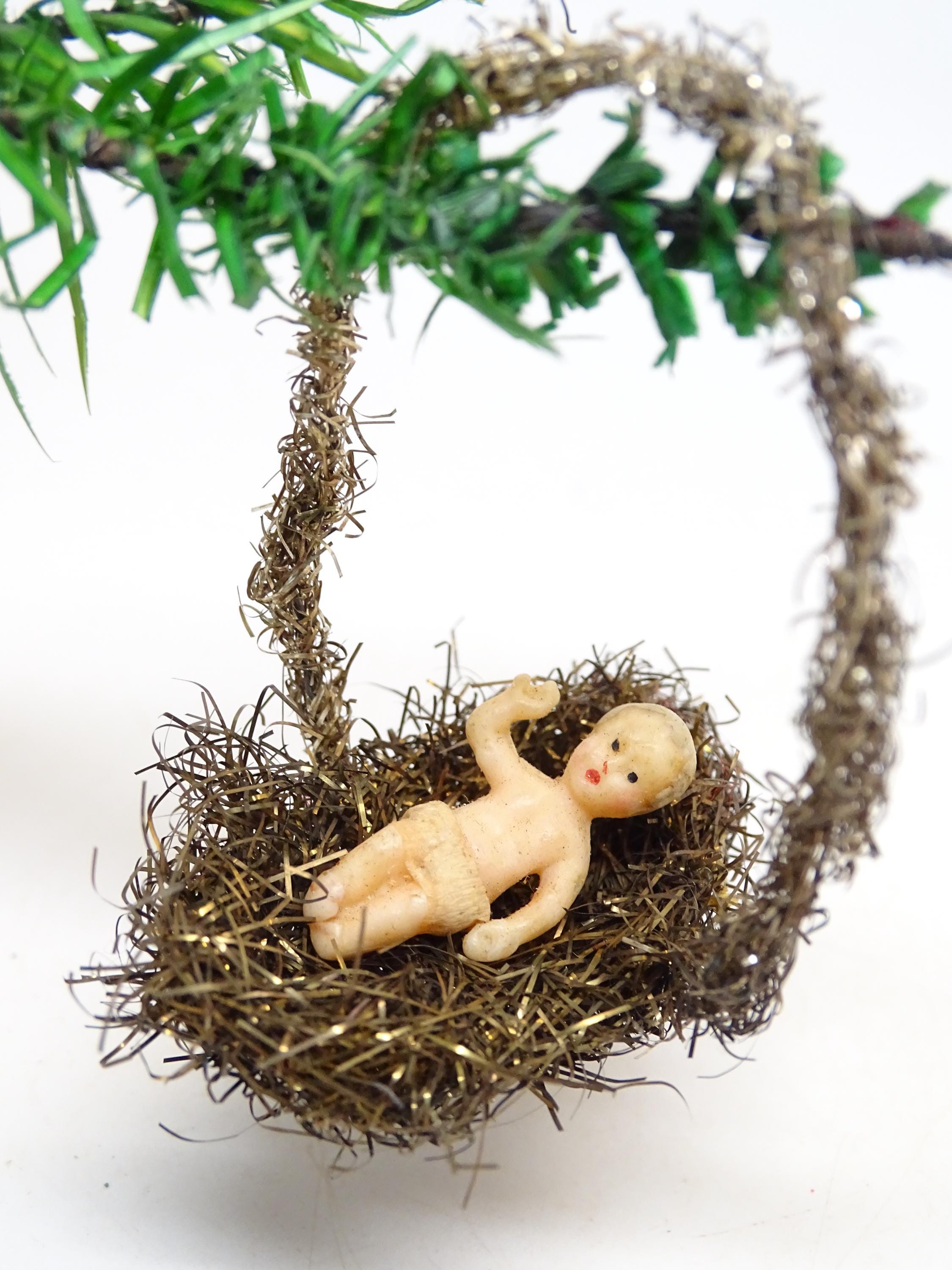 Antique French Wax Baby Jesus in Tinsel Basket, Tinsel Hanger ...