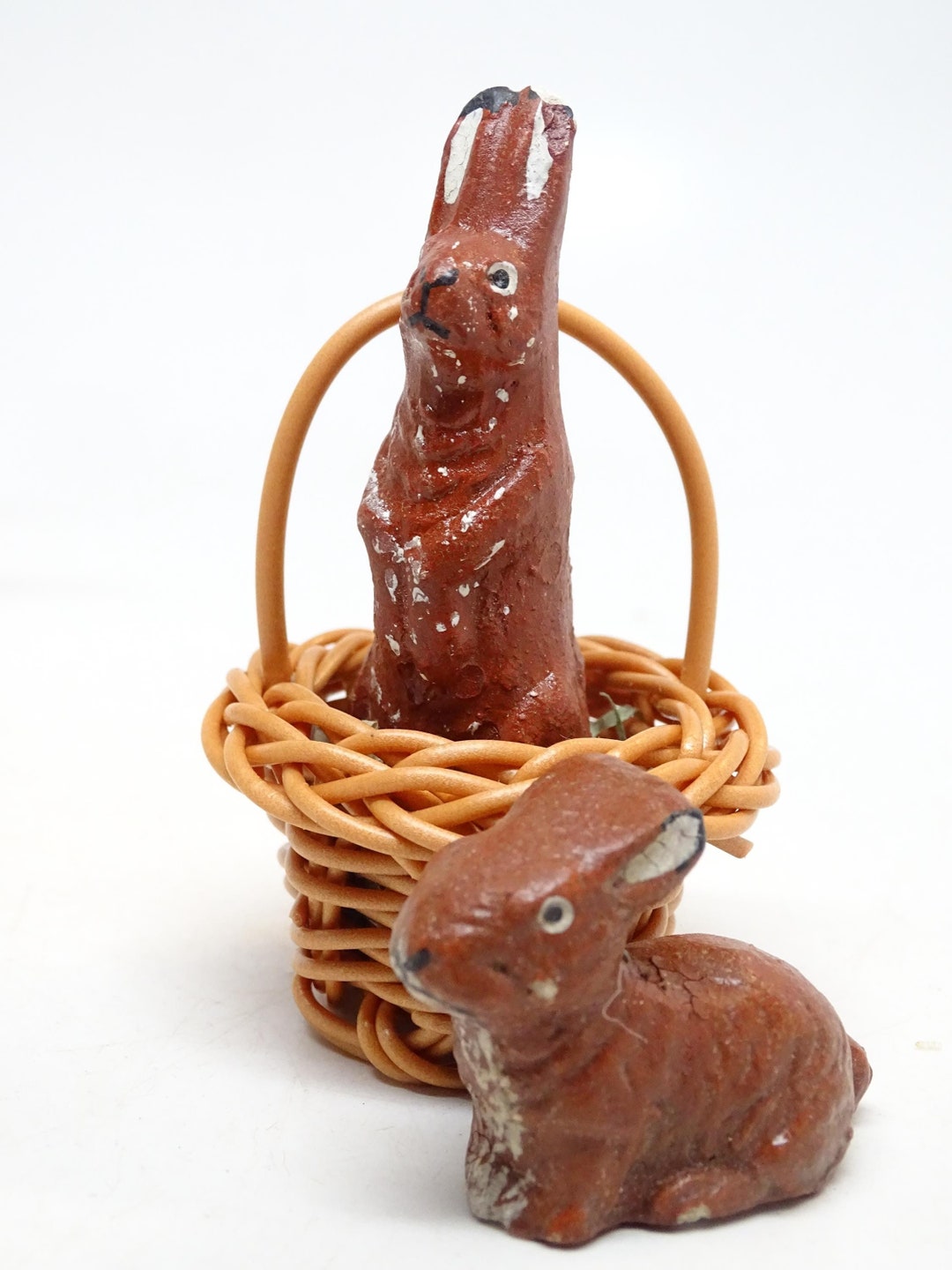 2 Antique 1940's Small German Bunny Rabbits in Woven Easter Basket ...