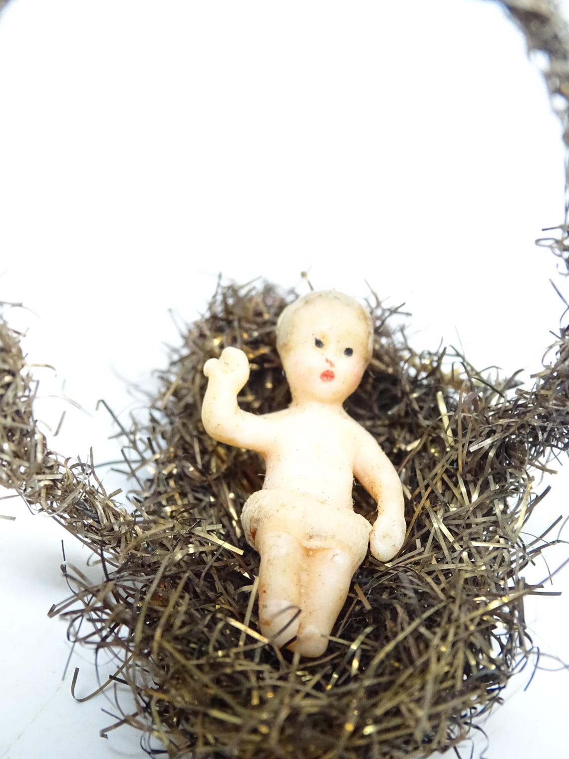 Antique French Wax Baby Jesus in Tinsel Basket, Tinsel Hanger ...