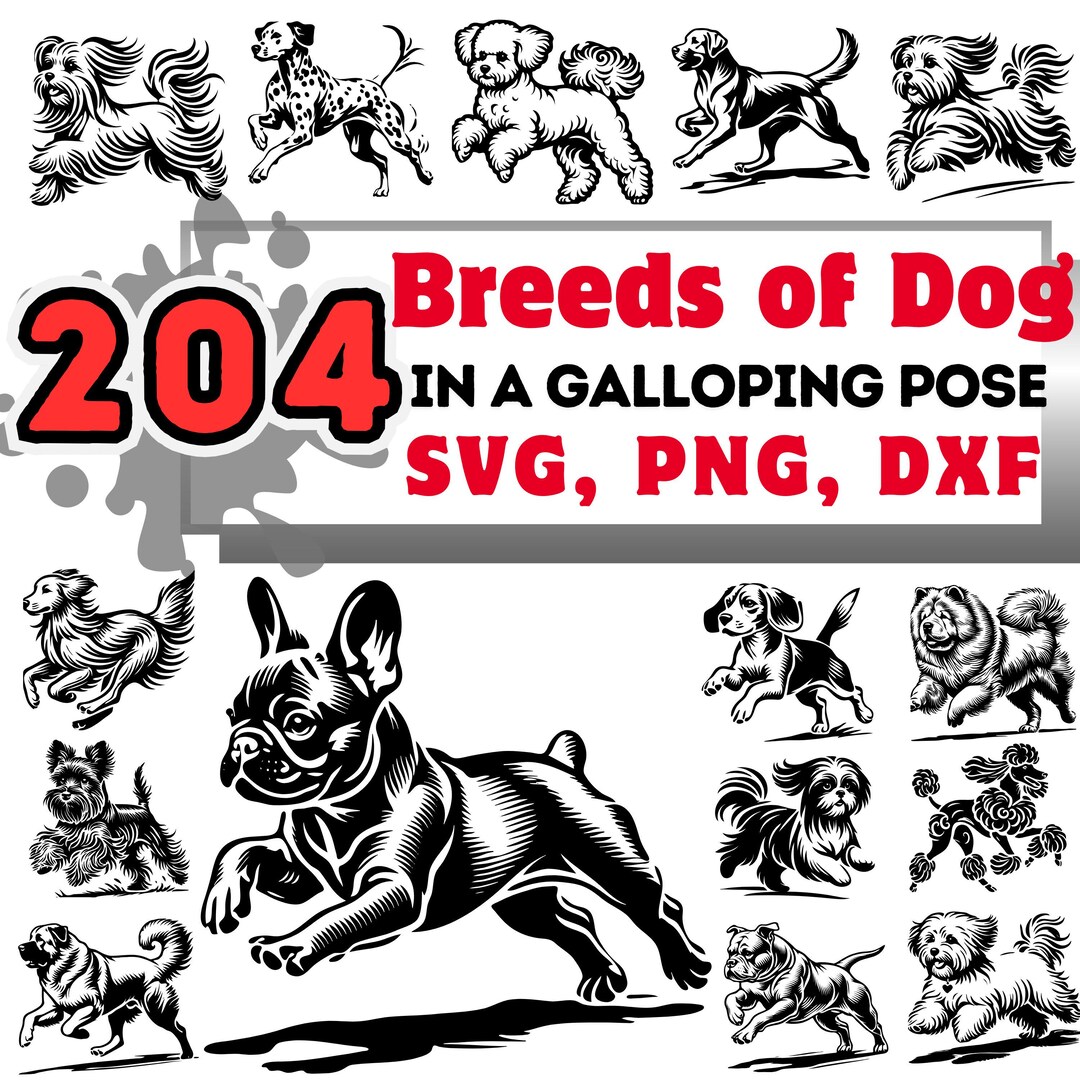 204 Breeds of Dog in a Galloping Pose Laser Cut Files Bundle, Vector ...