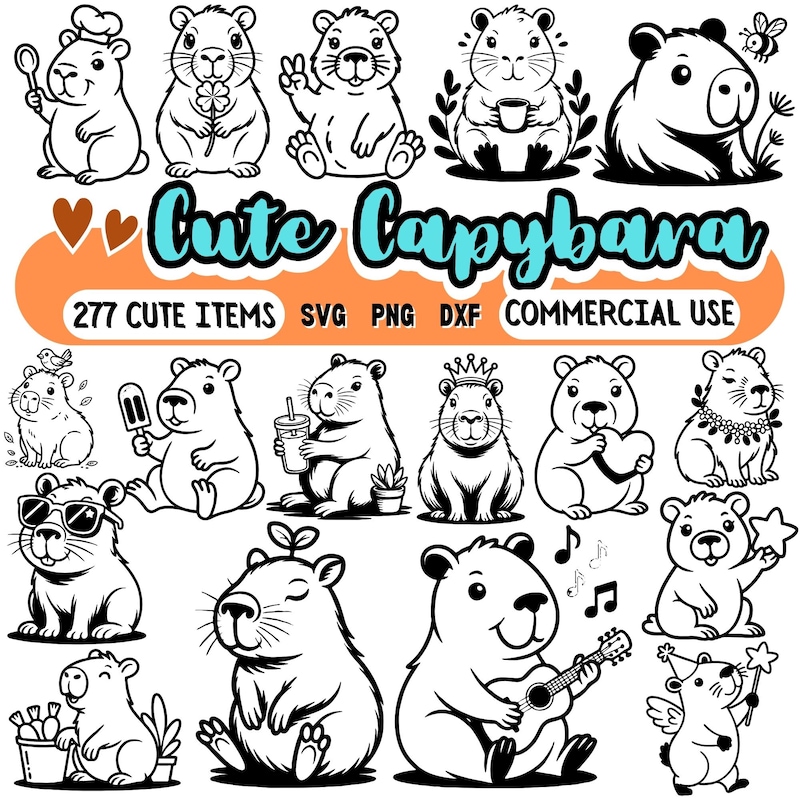 Capybara Black and White Clipart - Etsy