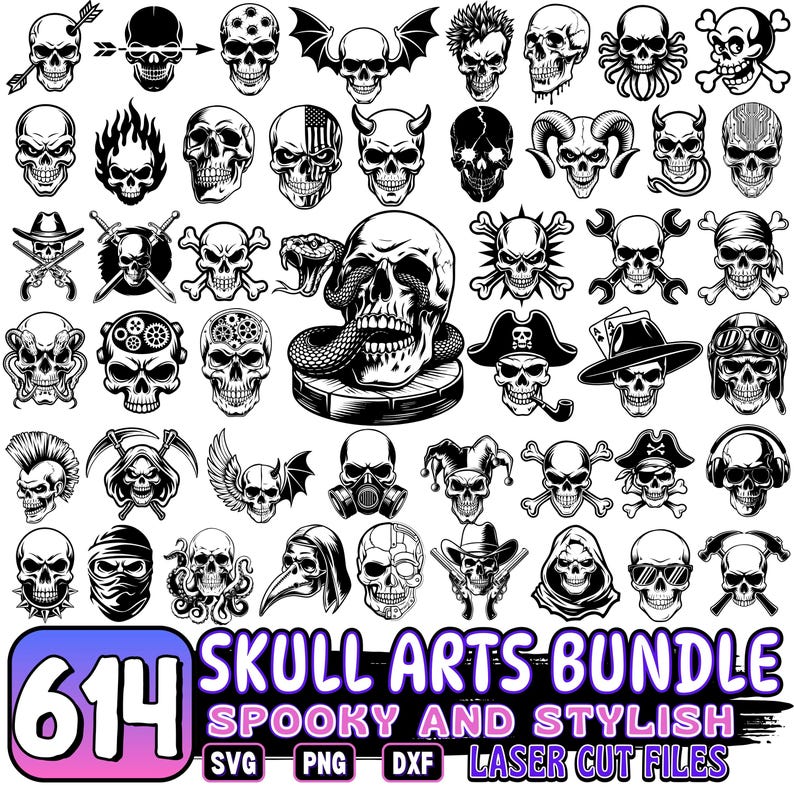 Skull Art Laser Cut Files Bundle: Gothic SVG, PNG, DXF | Cutting ...