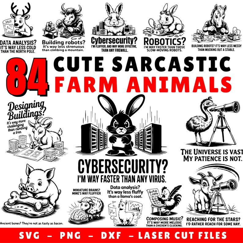 84 Cute Sarcastic Farm Animals Laser Cut Files Bundle, Vector Graphics ...