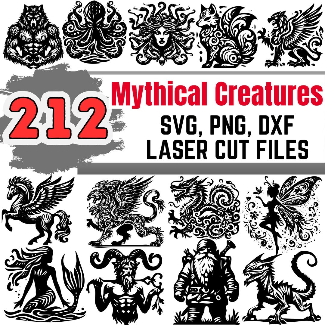212 Mythical Creatures Laser Cut Bundle, Vector Graphics Silhouette ...
