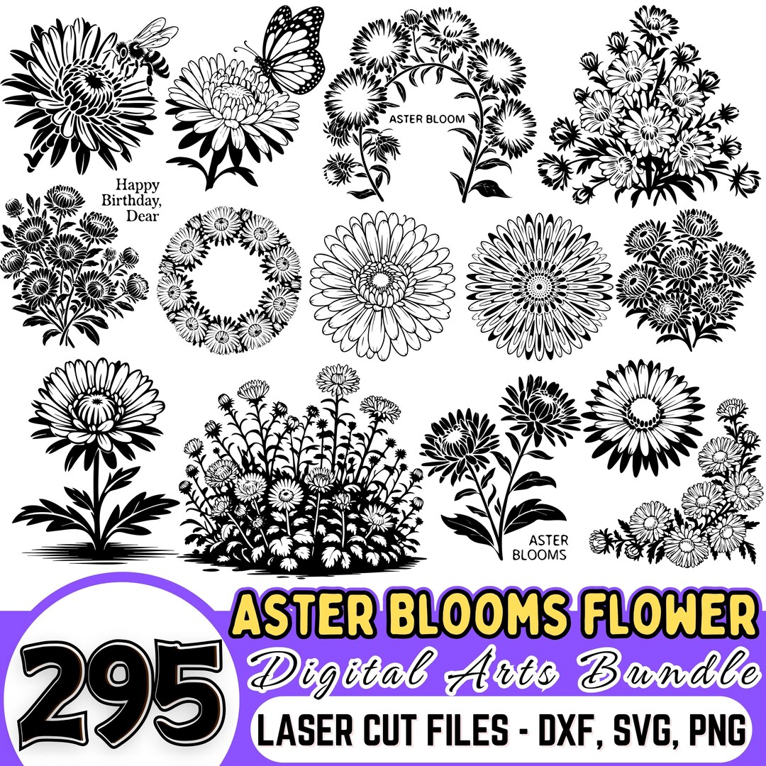 Aster Blooms Laser Cut Files: Floral SVG DXF PNG Bundle, Cutting ...
