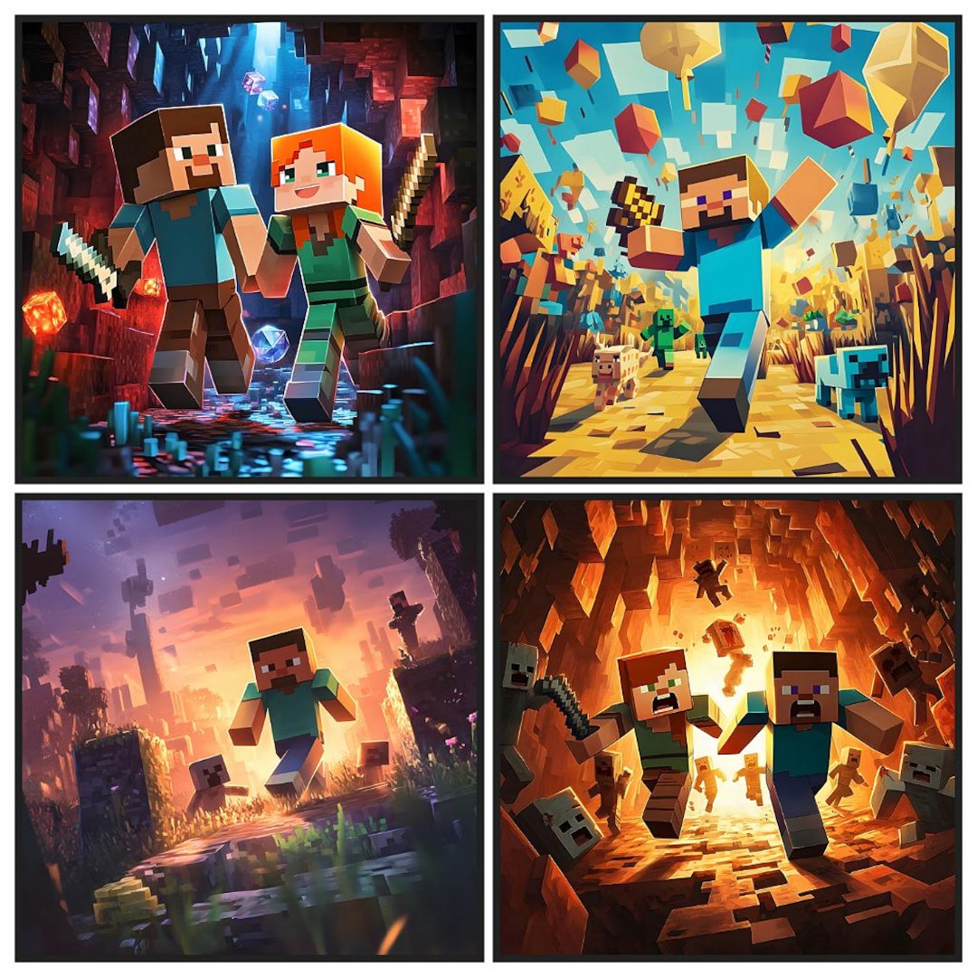 World of Minecraft Art Print, Steve and Alex Clipart, Set 4 of Pixel ...