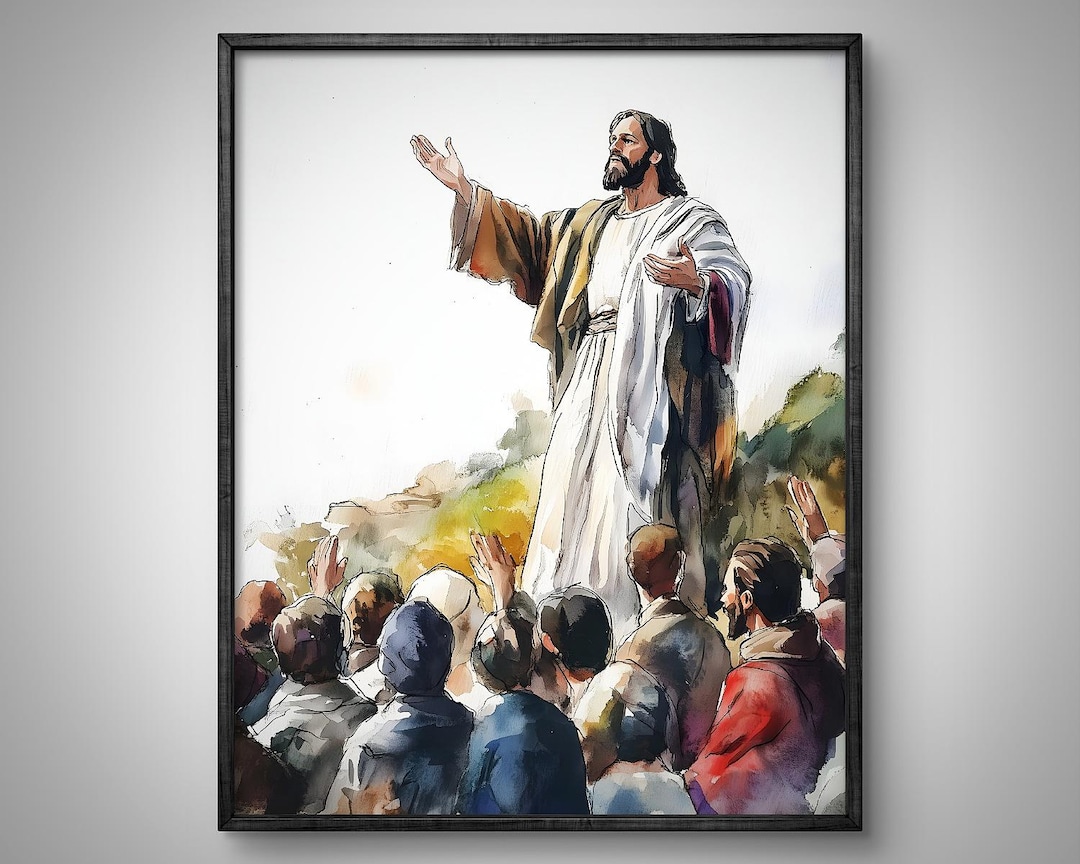 Sermon on the Mount, Jesus Teaches, Christian Watercolor Painting ...