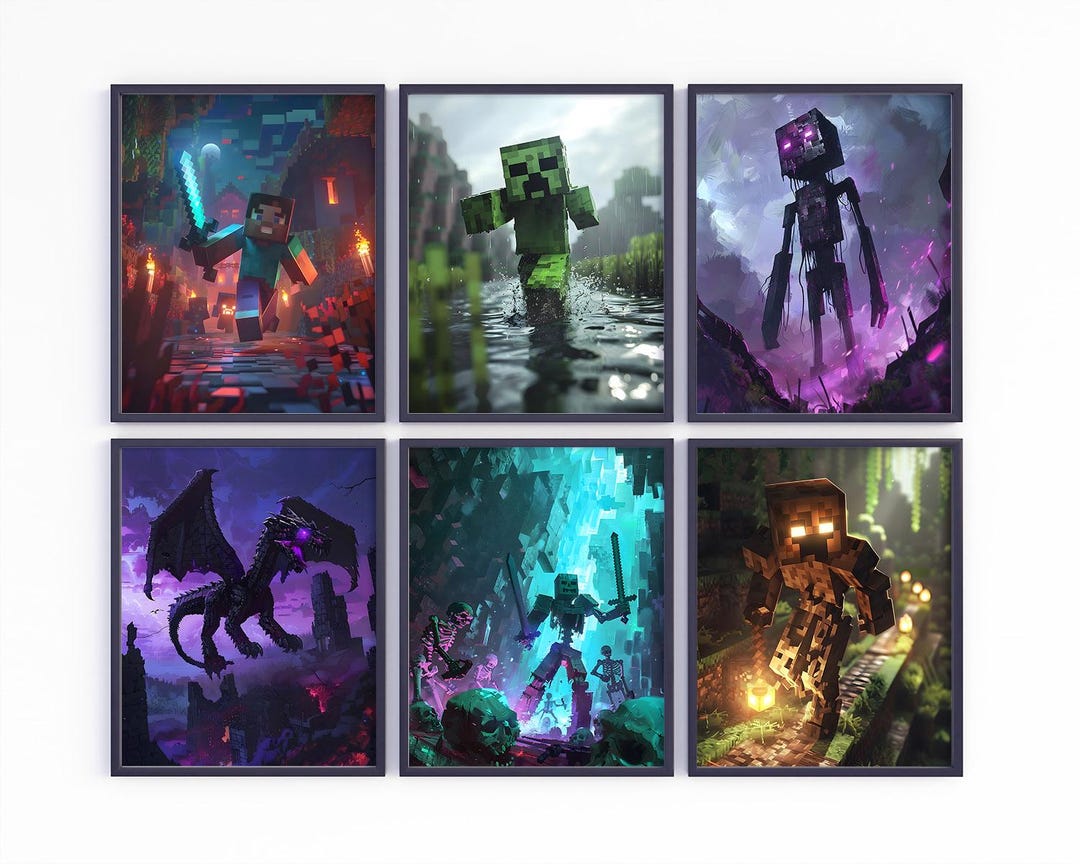Minecraft Art Print, Creeper, Steve, Enderman, Video Game Poster ...