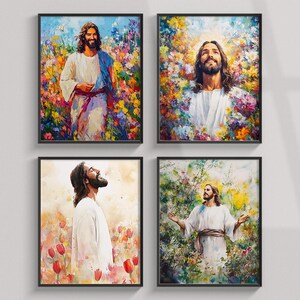 Jesus Christ and the Wild Flowers Art Print, Jesus Walking in a Field ...
