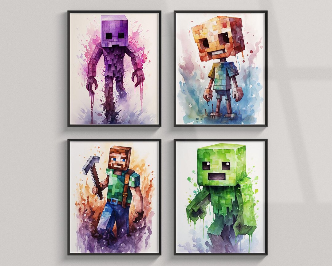 Minecraft Prints, Creeper, Steve, Zombie, Set of 4 Watercolor Posters ...
