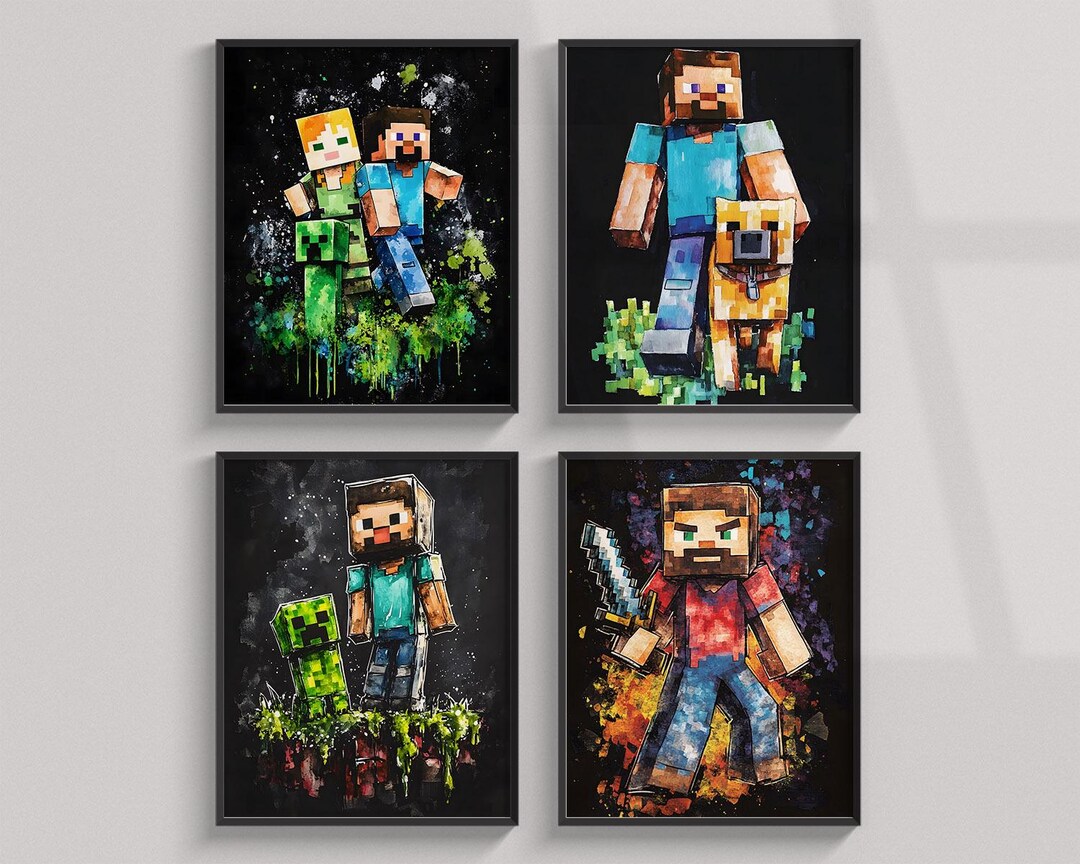 Minecraft Art Print, Set of 4 Watercolor Pixel Character Video Game ...