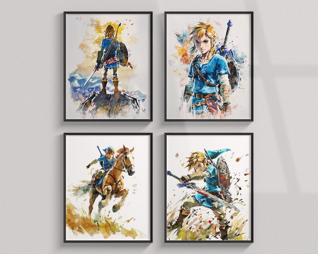 The Legend of Zelda Prints, Link Drawn, Set of 4 Video Game Watercolor ...