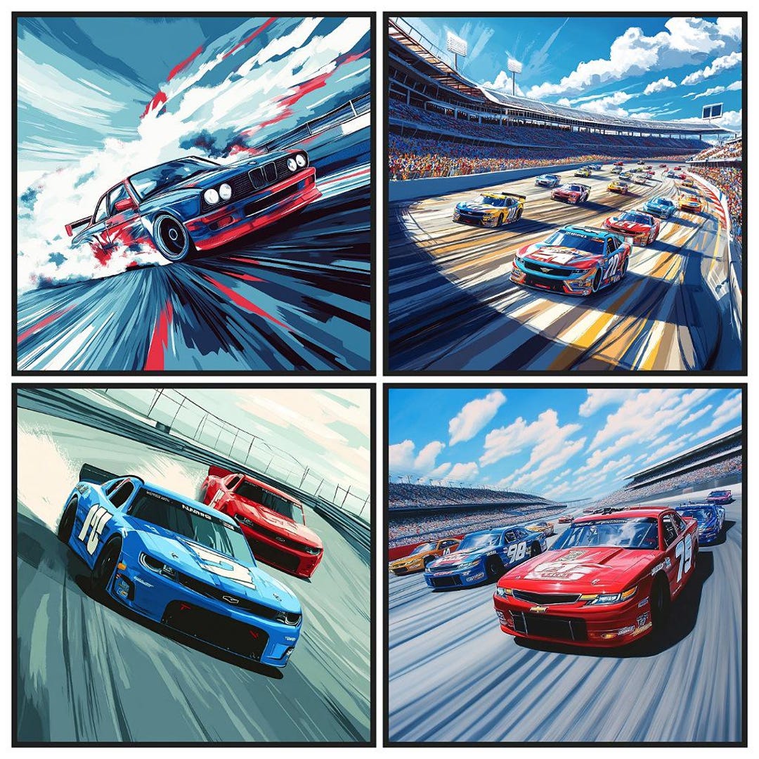 Nascar Racing Poster, Sport Car Clipart, Set of Watercolor Art Print ...