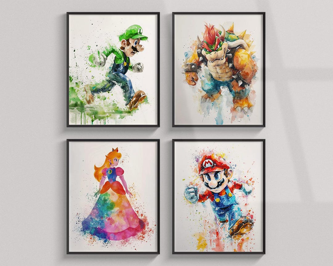 Super Mario Bros Prints, Luigi, Bowser, Set of 4 Watercolor Posters ...