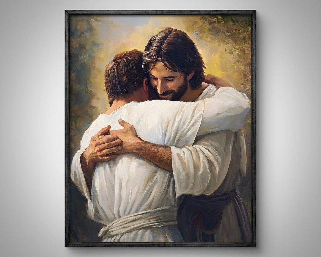 Jesus Christ and Man Painting, Jesus Hugging Man, Watercolor Christian ...