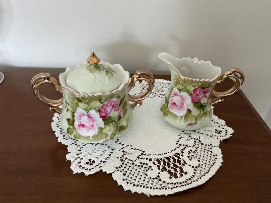 Vintage Lefton China Green Heritage Rose Cream and Sugar Set 3066 ...