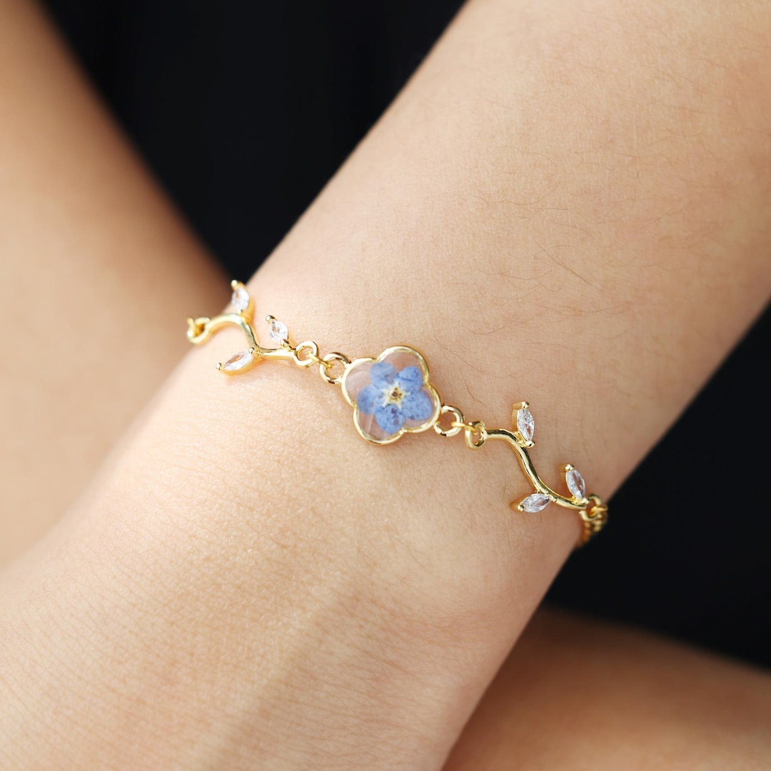 Pressed Real Flower Bracelet, Forget-me-not Flower Bracelet, Dainty ...