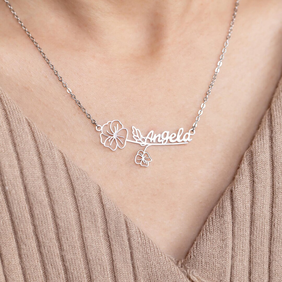 Custom Name Flower Necklace, Floral Name Necklace for Women, Custom ...