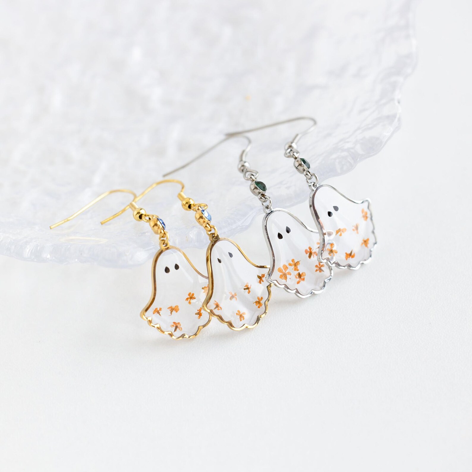 Personalized Birthstone Ghost Flower Earrings, Ghost Charm Earrings ...