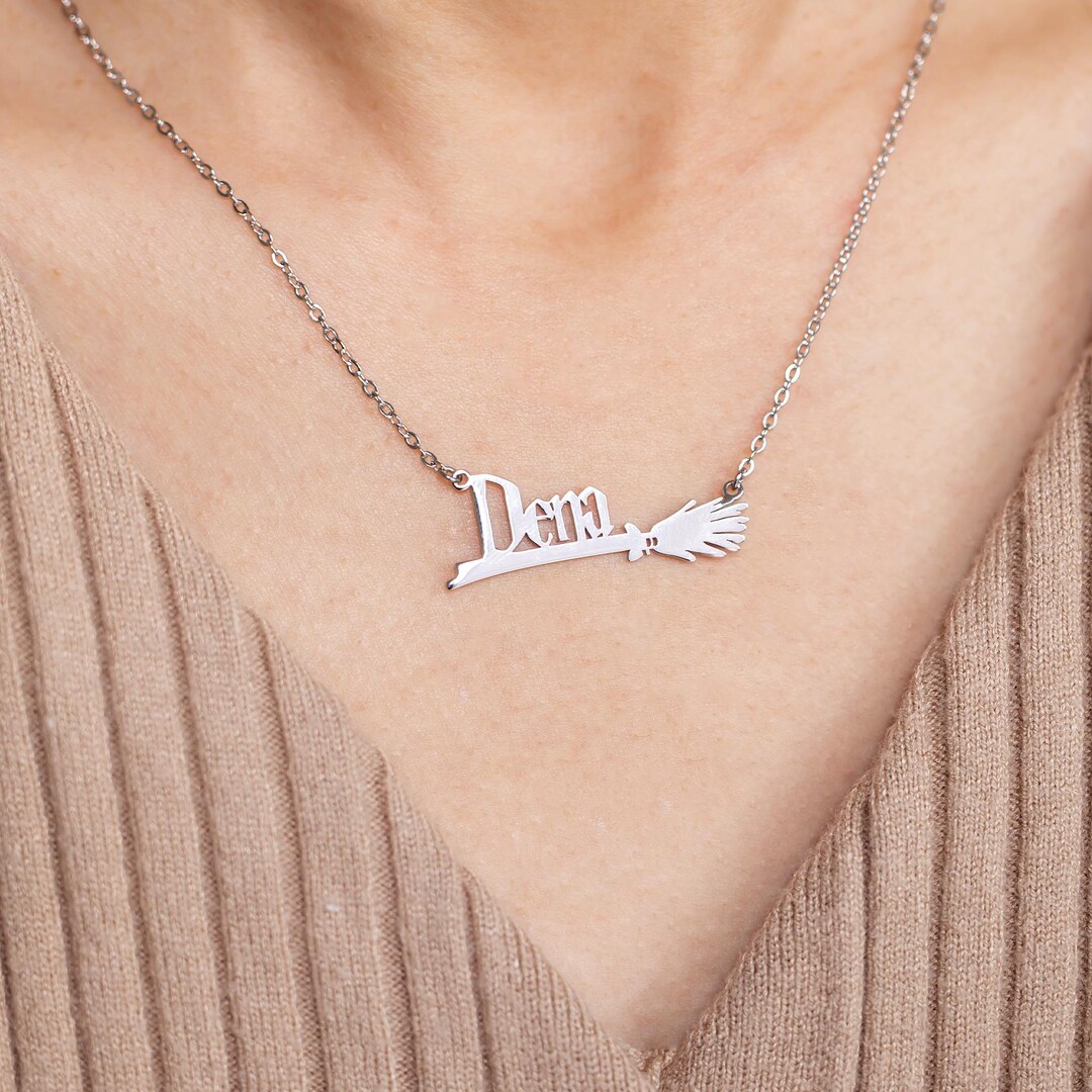 Personalized Name Witches Broom Necklace, Witch Broom Charm Necklace ...