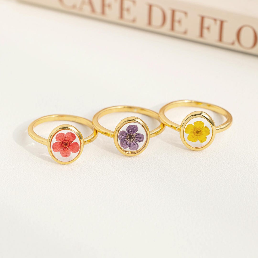 Dainty Handmade Pressed Real Flower Ring, Colorful Flower Ring, Resin ...