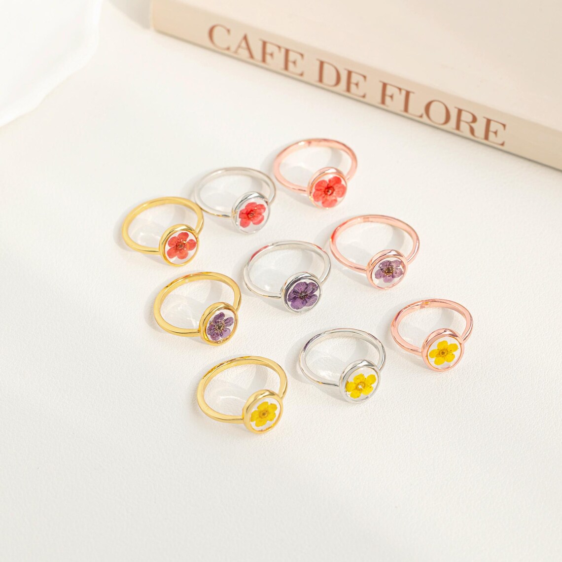 Dainty Handmade Pressed Real Flower Ring, Colorful Flower Ring, Resin ...