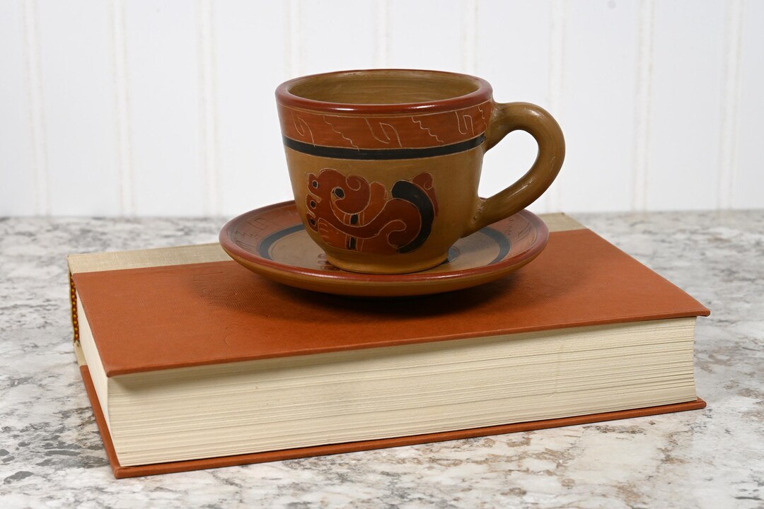 Aztec Pattern Redware Pottery Cup & Saucer | Latin American Folk Art ...