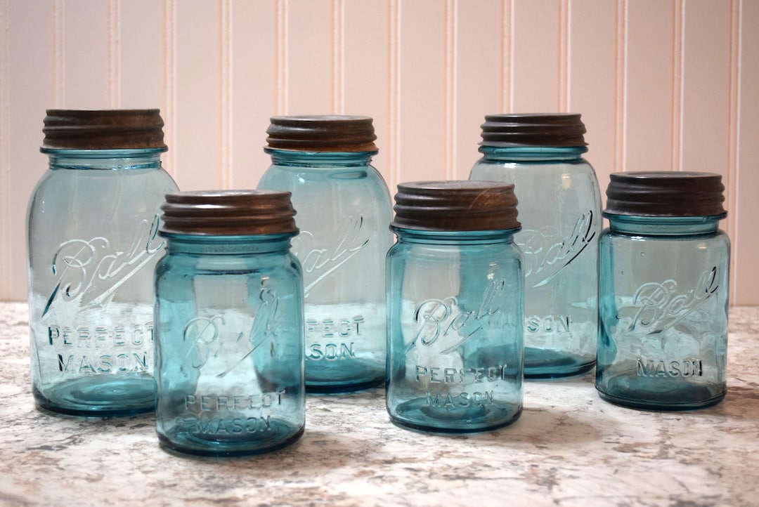 Set of 6 Antique Ball Mason Jars With Lids | 1910 - 1923 Blue Ball ...