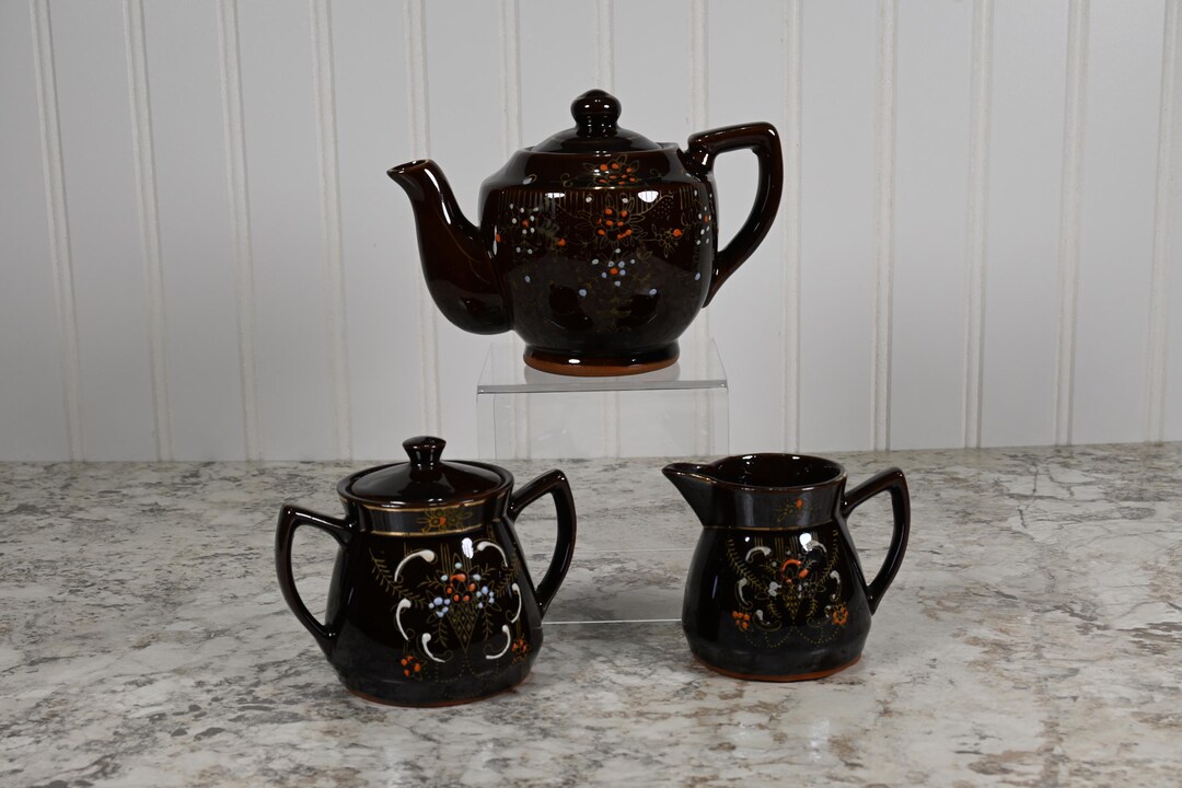 1940's Japan Red Ware Tea Set | Tea Pot, Creamer & Covered Sugar Dish ...