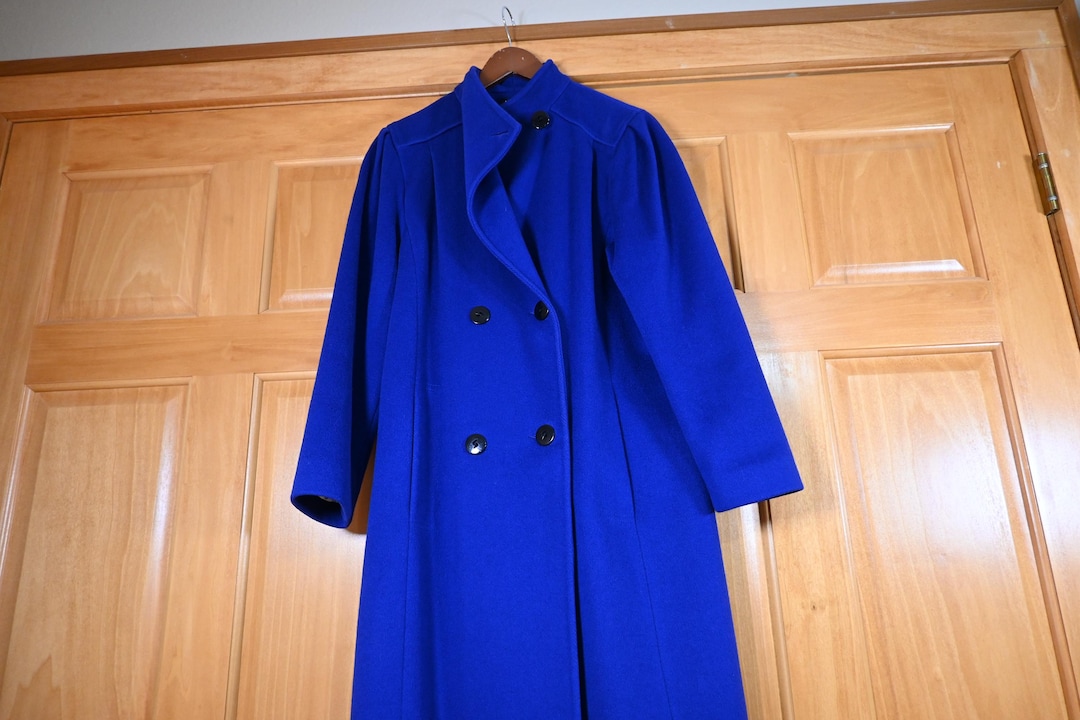 Vintage Blue Long Wool Coat Double Breasted Wool Long Coat With Pockets ...
