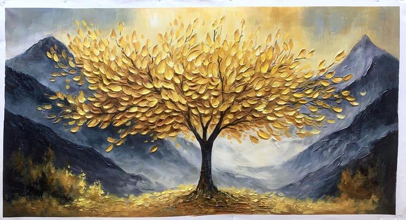 Textured Golden Tree Mountains Canvas Art, Abstract Landscape Painting ...