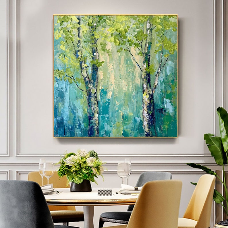 Abstract Green Tree Oil Painting on Canvas, Forest Landscape Wall Art ...