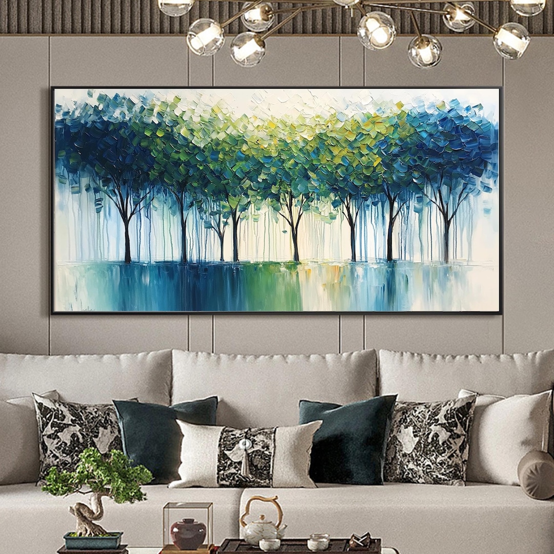 Original Hand-painted Forest Painting on Canvas, Abstract Green Trees ...