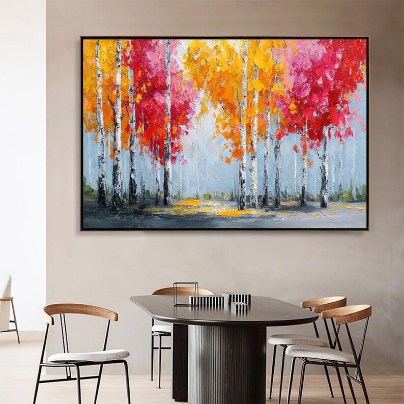 Colorful Birch Tree Painting, Large Textured Wall Art, Abstract Impasto ...